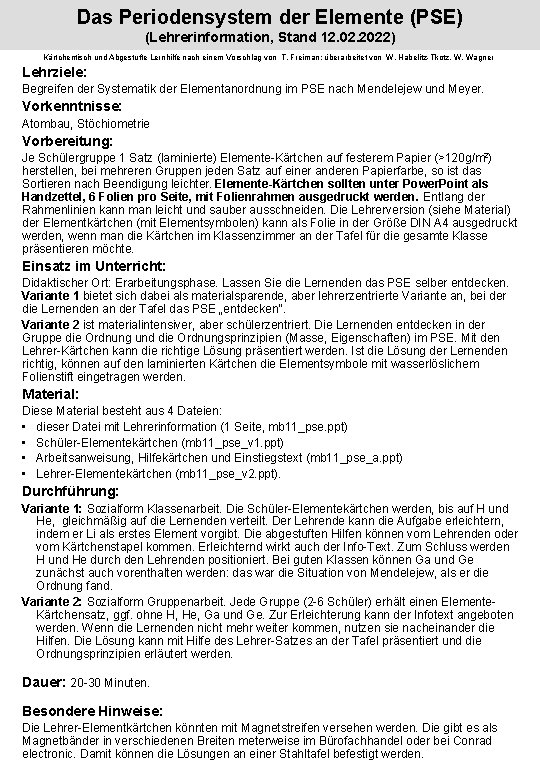 Das Periodensystem der Elemente PSE Lehrerinformation Stand 12