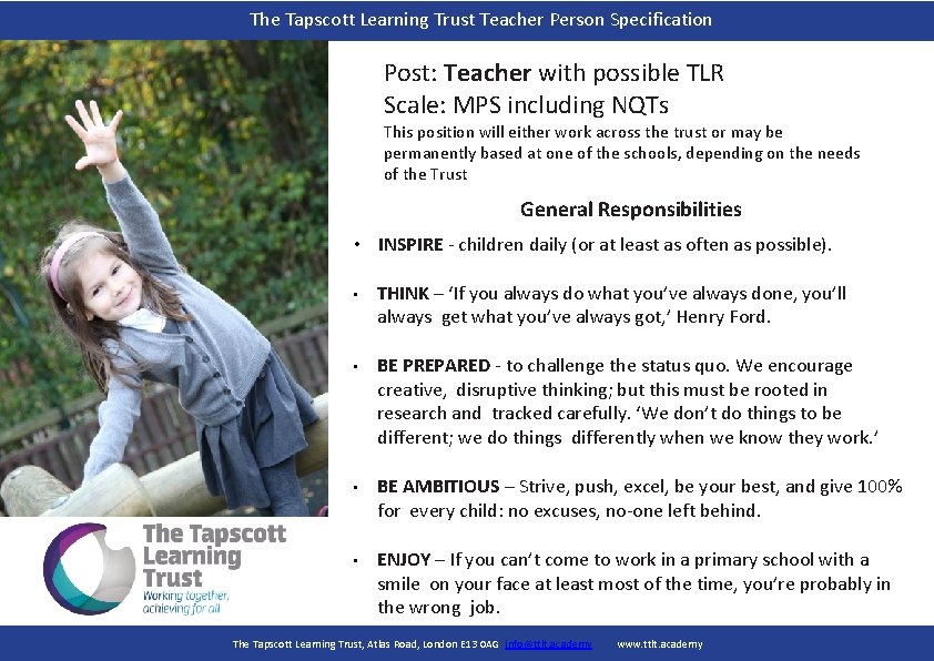 The Tapscott Learning Trust Teacher Person Specification Post