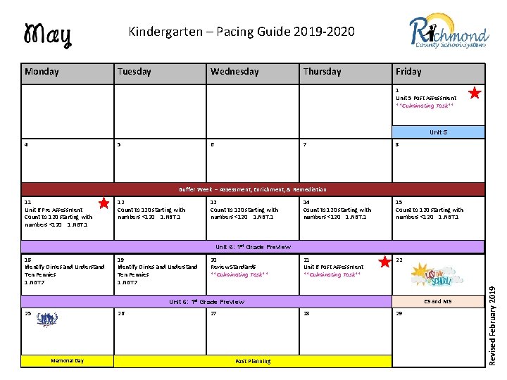 Kindergarten Pacing Guide 2019 2020 Monday Tuesday Wednesday