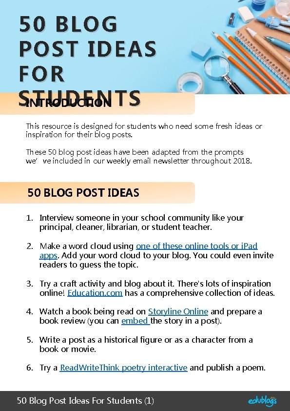 50 BLOG POST IDEAS FOR STUDENTS INTRODUCTION This