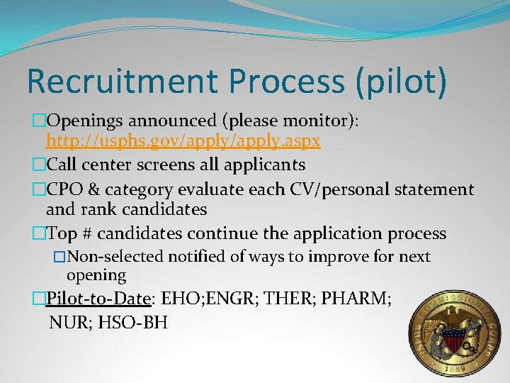 Commissioned Corps Headquarters Recruitment Branch Presentation Agenda ...
