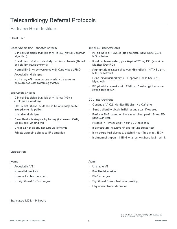 Telecardiology Referral Protocols Parkview Heart Institute Chest Pain