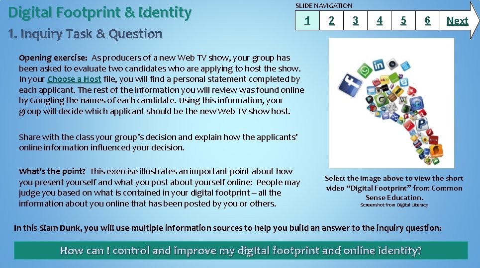 Digital Footprint Identity SLIDE NAVIGATION 1 Inquiry Task