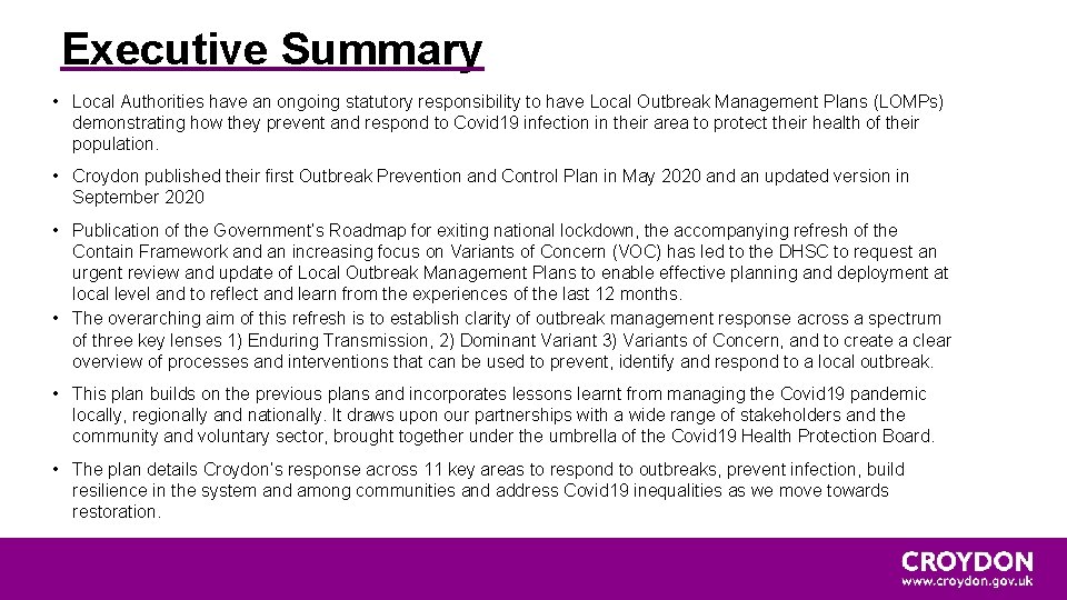 Croydon Local Outbreak Management Plan April 2021 Executive