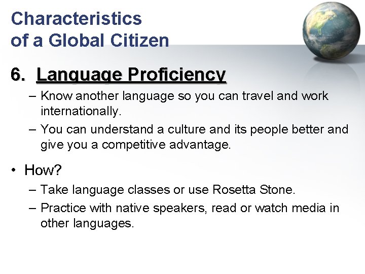 Unit 1 Global Citizenship Characteristics of Global Citizenship