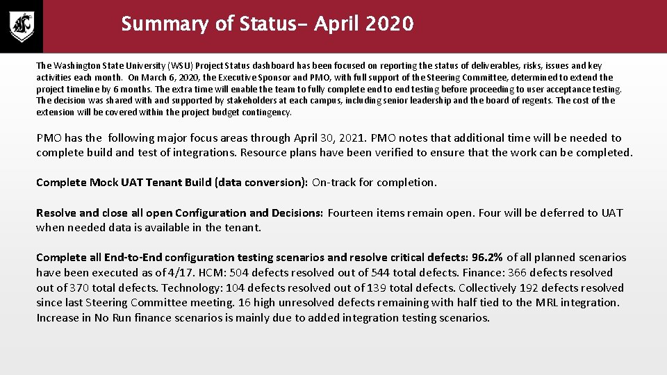 WSU Workday Project Status Dashboard Apr 22 2020