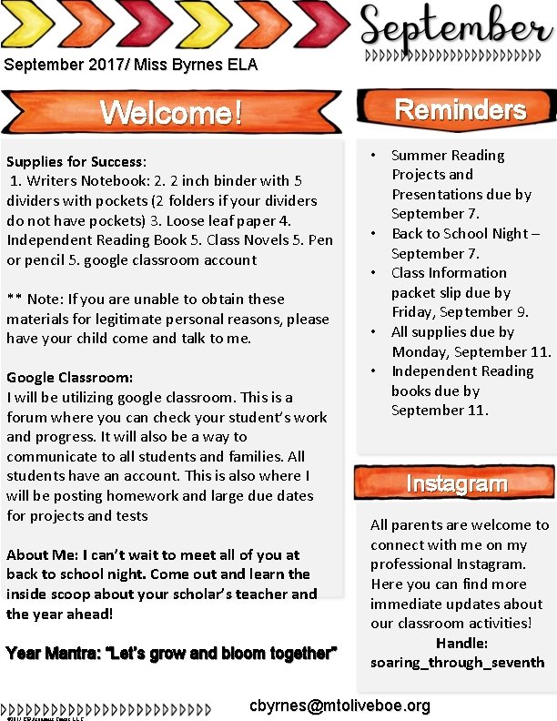 September 2017 Miss Byrnes ELA Welcome Reminders Supplies