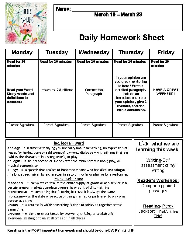 Name March 19 March 23 Daily Homework Sheet