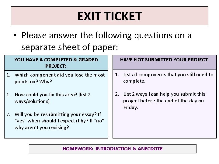 To Do Missing Assignment slips Copies of anecdote