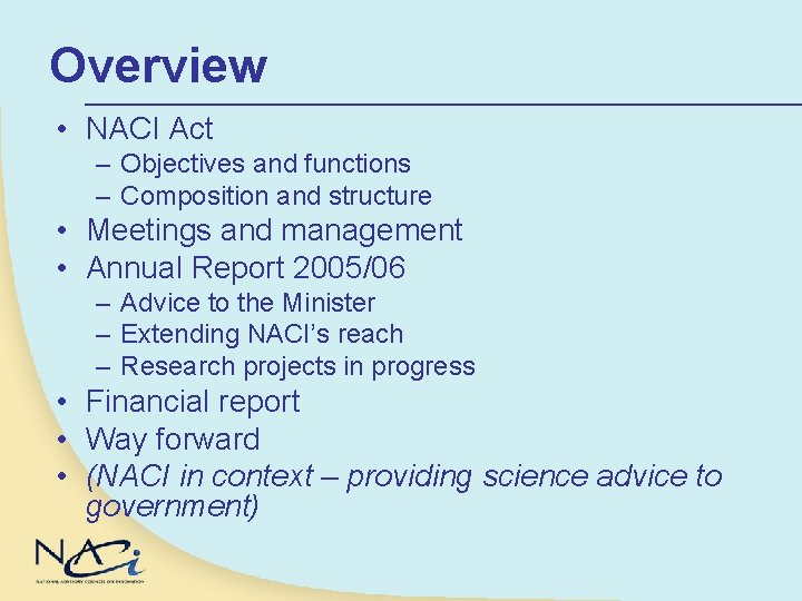 NACI Annual Report 200506 Briefing of the Parliamentary