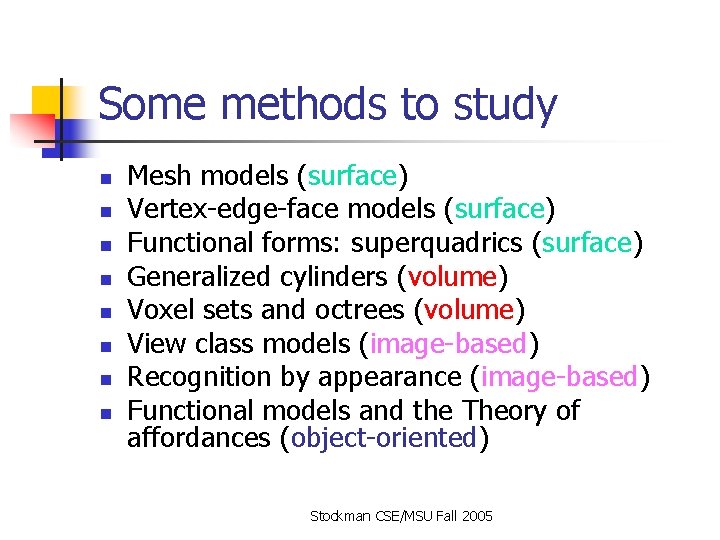Models and Matching Methods of modeling objects and
