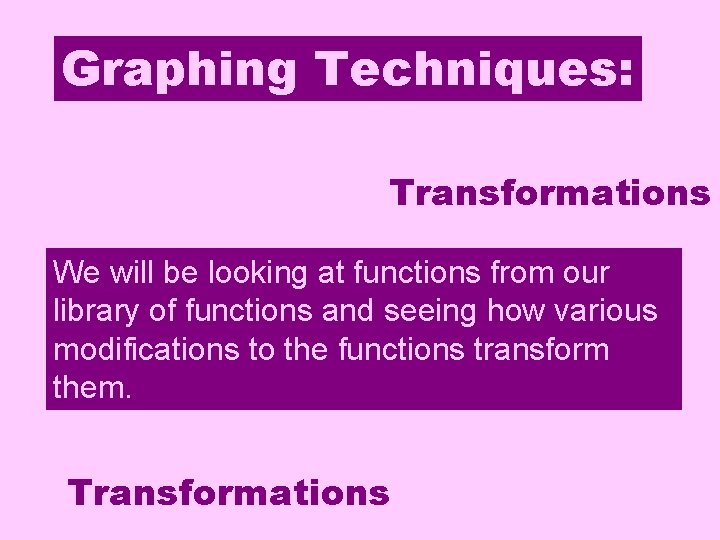 Graphing Techniques Transformations We will be looking at