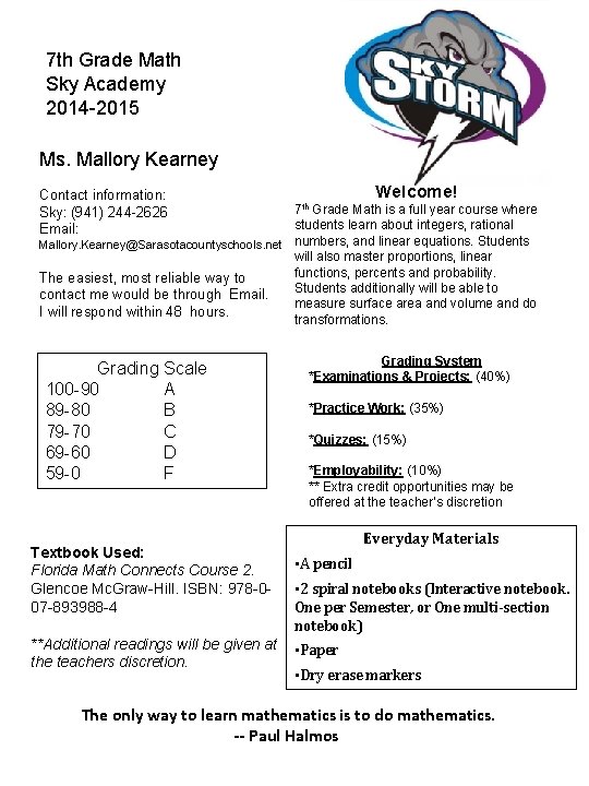 7 th Grade Math Sky Academy 2014 2015