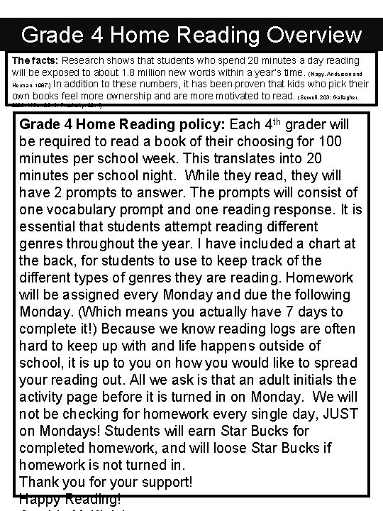 Grade 4 Home Reading Overview The facts Research