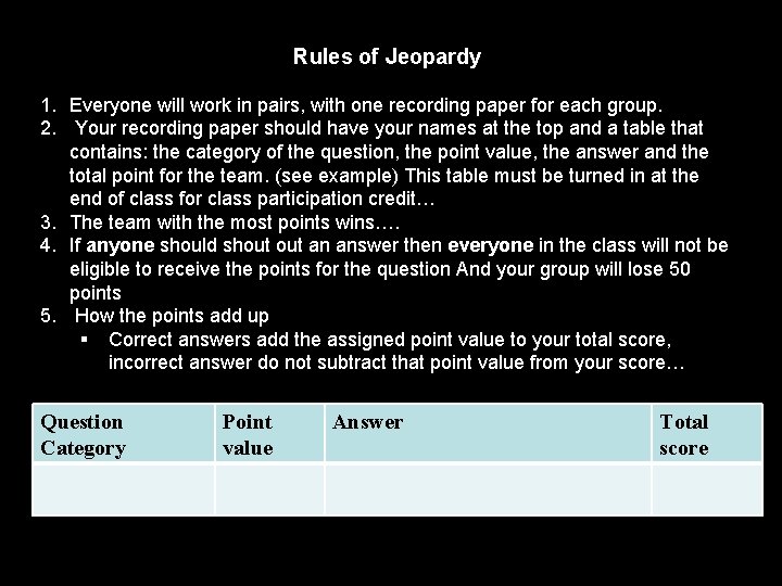 Rules of Jeopardy 1 Everyone will work in