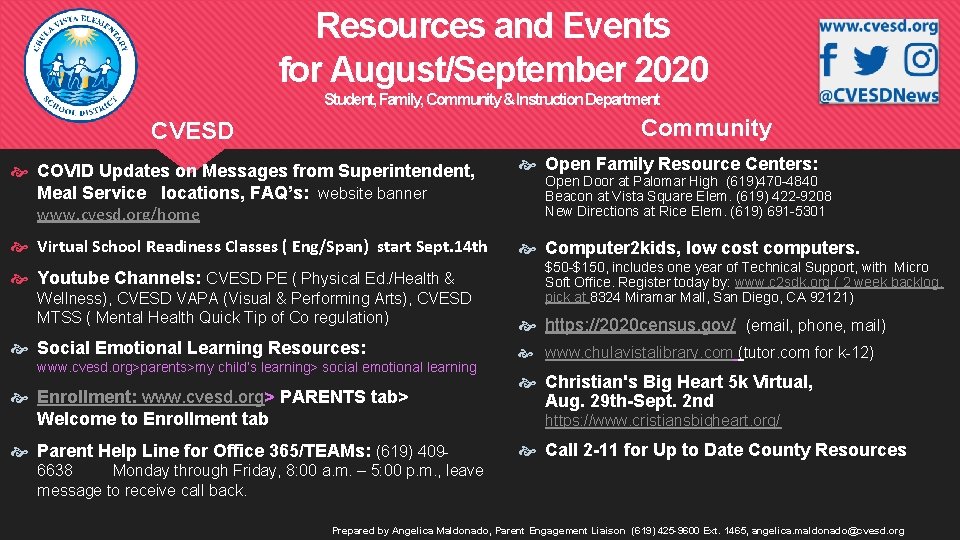 Resources and Events for AugustSeptember 2020 Student Family