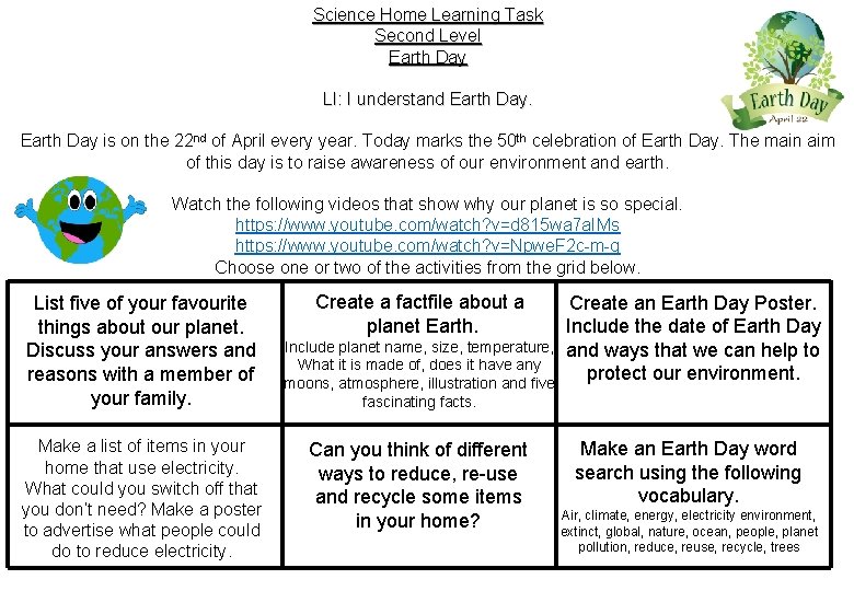 Science Home Learning Task Second Level Earth Day