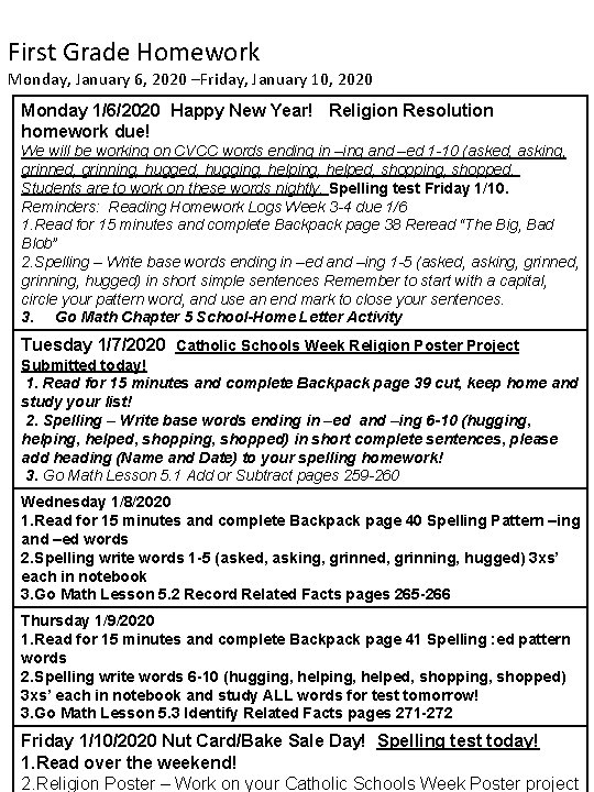 First Grade Homework Monday January 6 2020 Friday