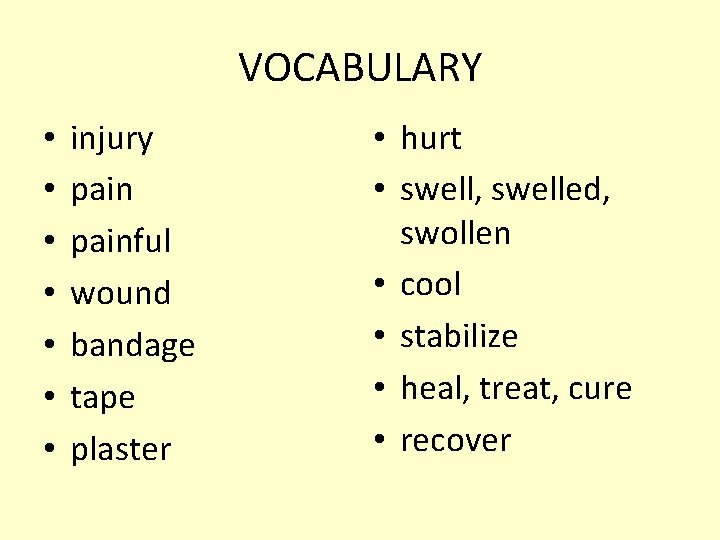INJURIES VOCABULARY injury painful wound bandage tape plaster