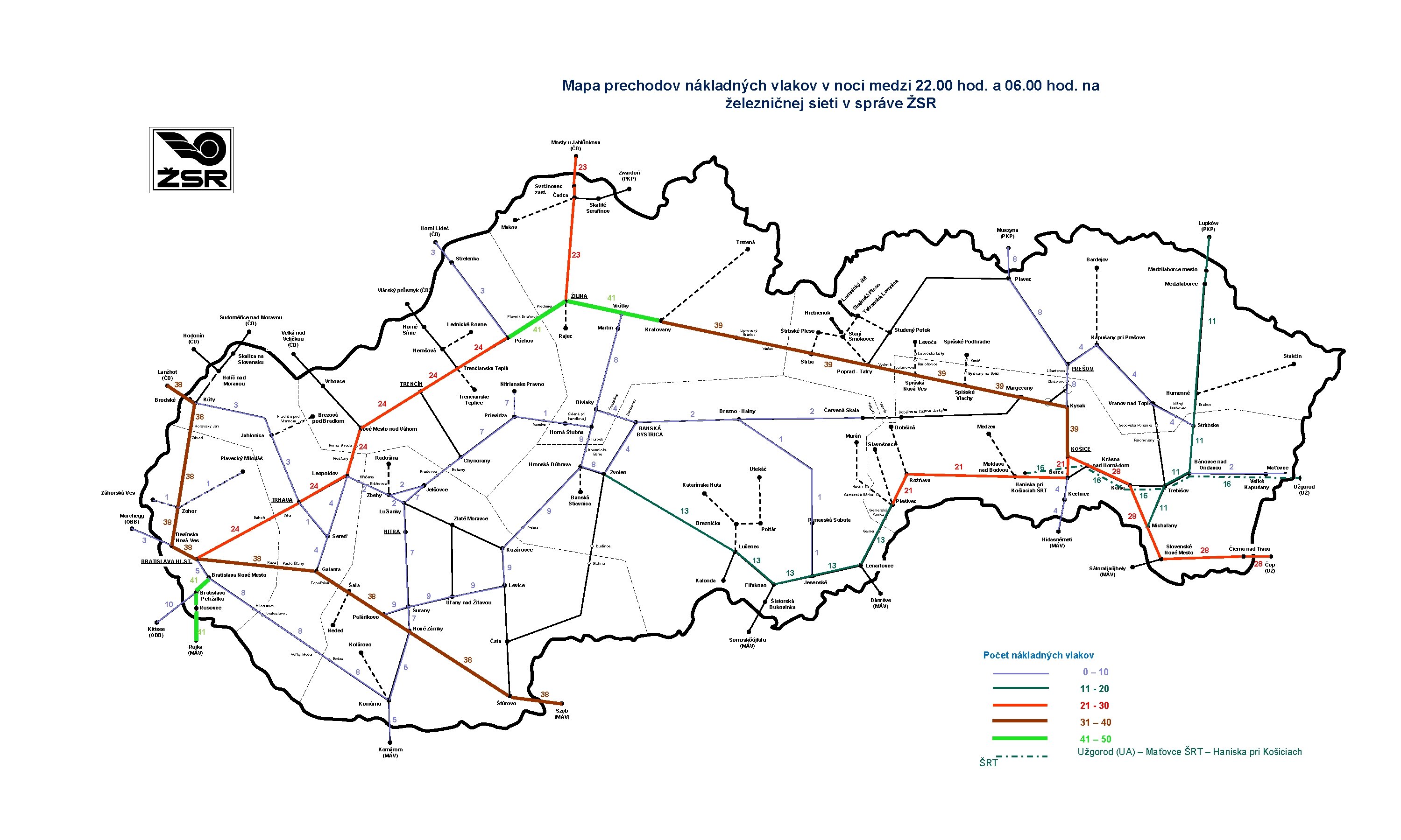 Mapa prechodov nkladnch vlakov v noci medzi 22