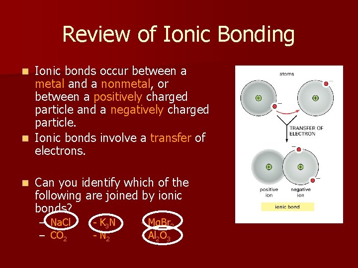 Covalent Molecules Review of Ionic Bonding Ionic bonds