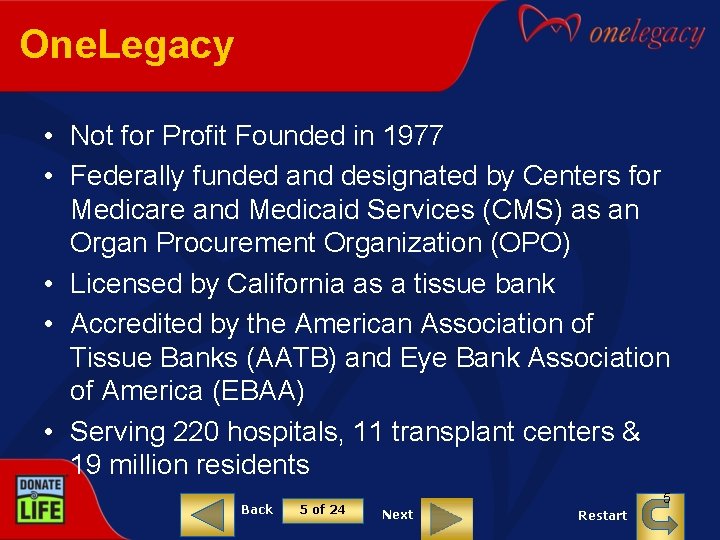 One Legacy A Donate Life Organization Back 1