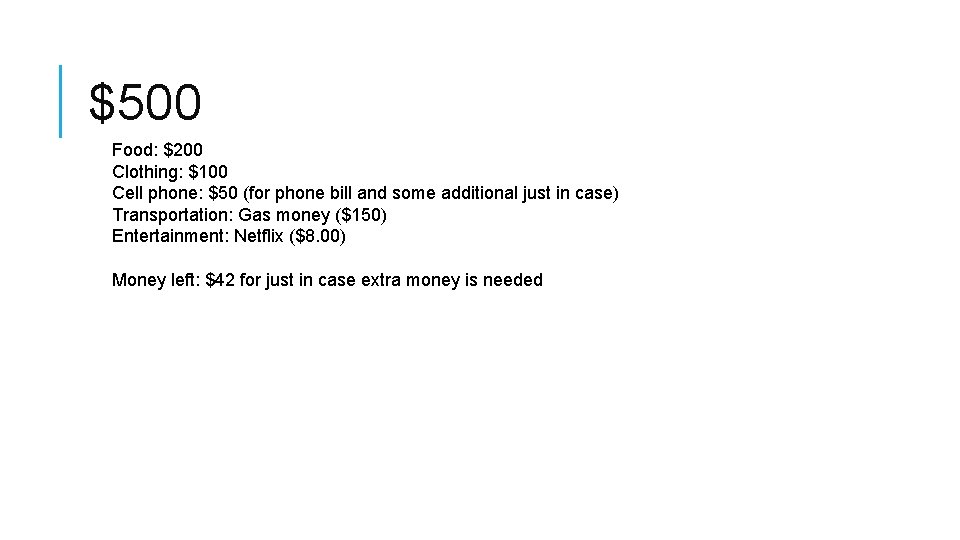 BUDGETING Kailey Butler BUDGETING A budget of 500