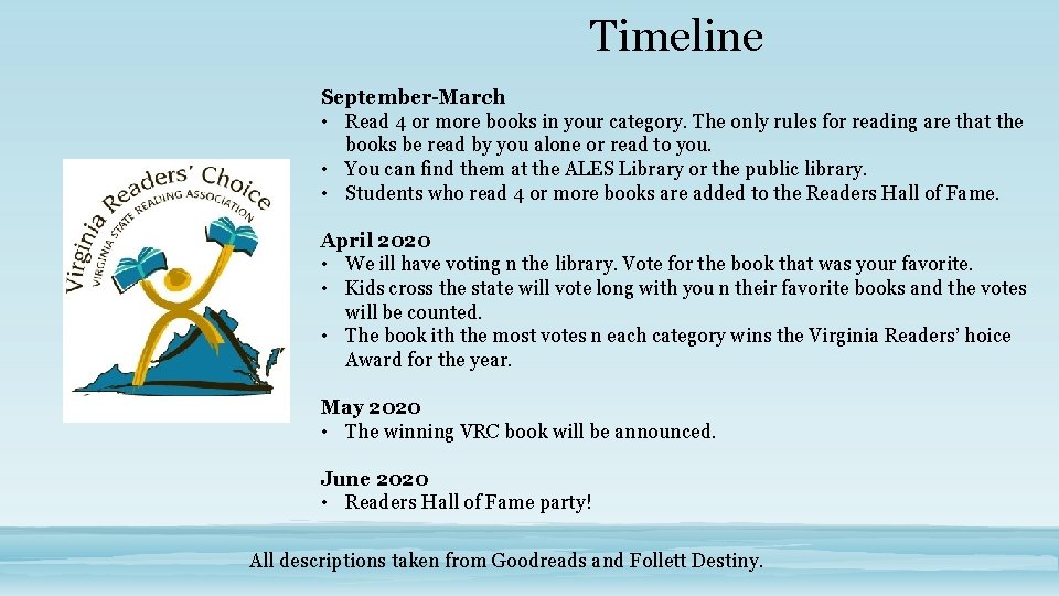 Timeline SeptemberMarch Read 4 or more books in