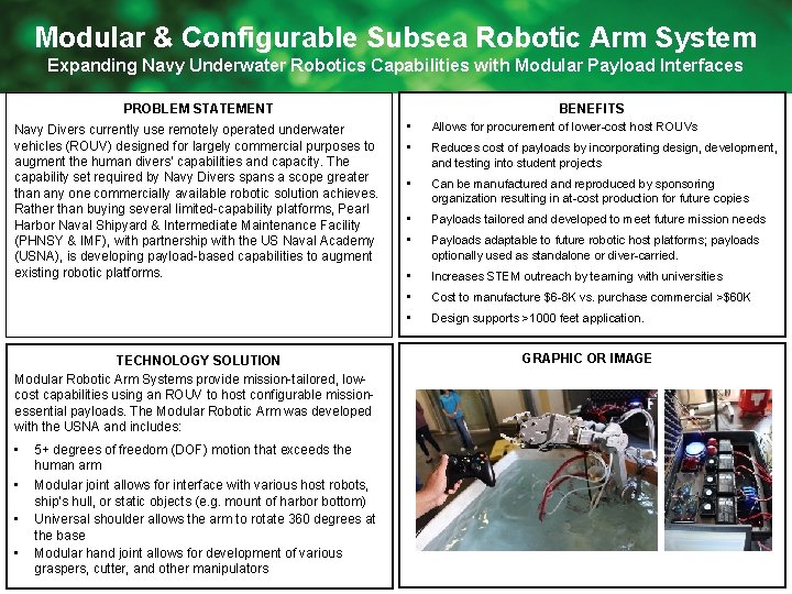 Modular Configurable Subsea Robotic Arm System Expanding Navy