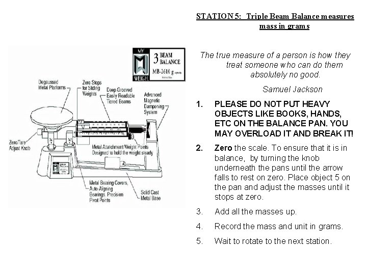 STATION 1 Triple Beam Balance measures mass in