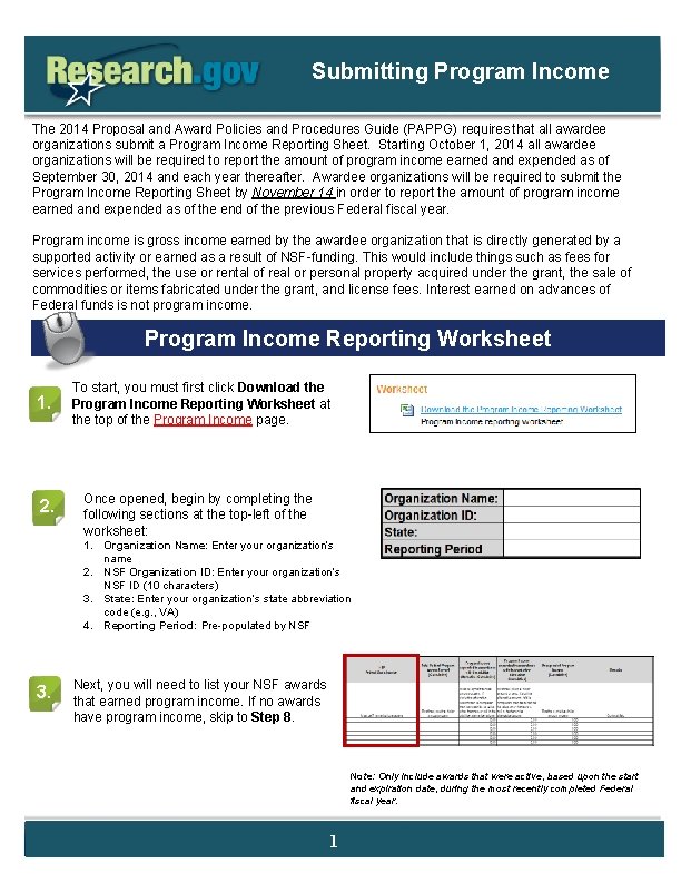 Submitting Program Income The 2014 Proposal and Award