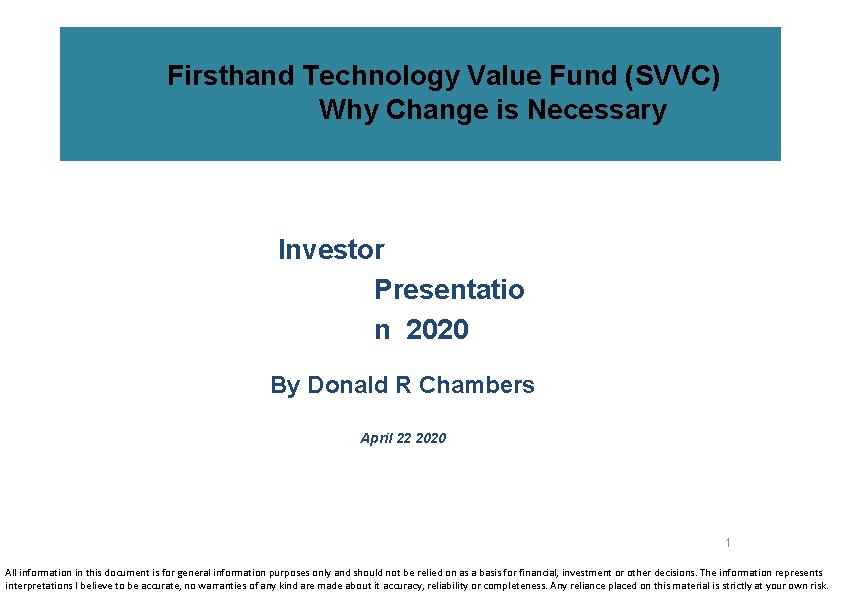 Firsthand Technology Value Fund SVVC Why Change is