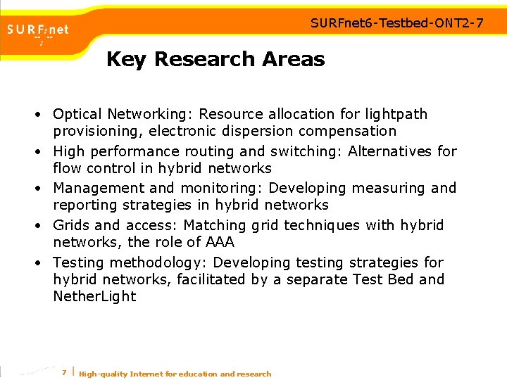 SURFnet 6 TestbedONT 2 7 SURFnet 6 Panel