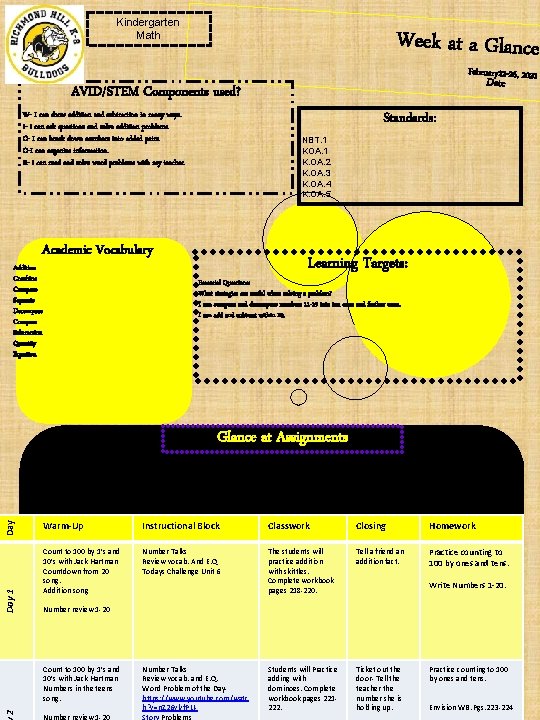 Kindergarten Math Week at a Glance February 22