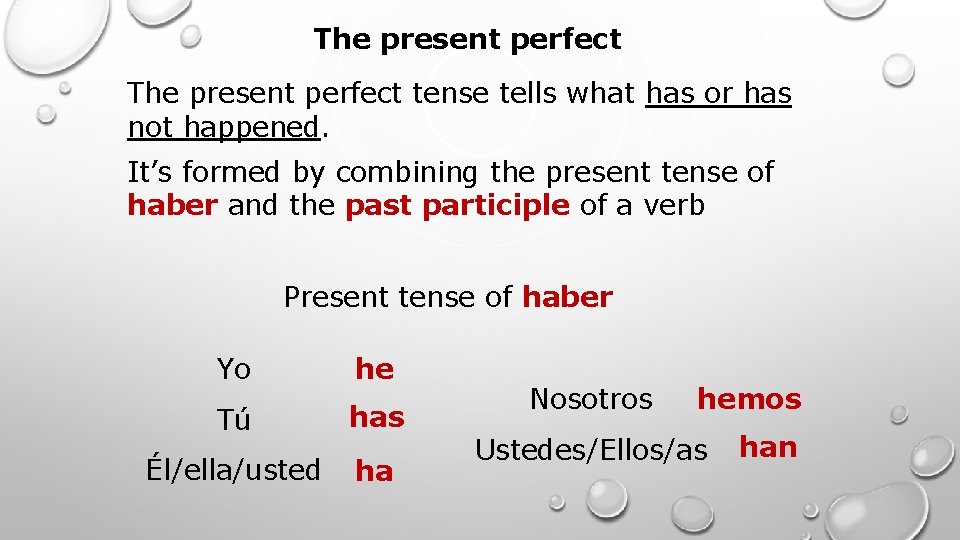 The present perfect tense tells what has or