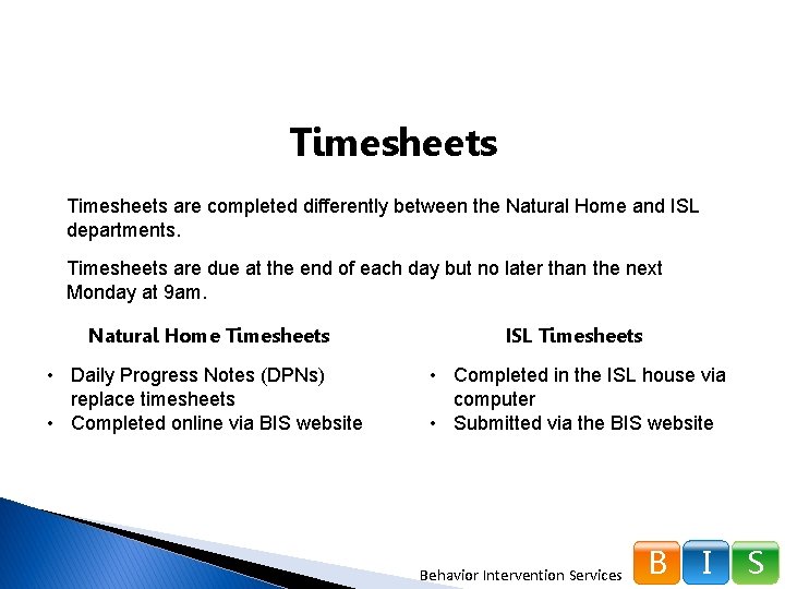 B I S New Hire Orientation Schedules Timesheets