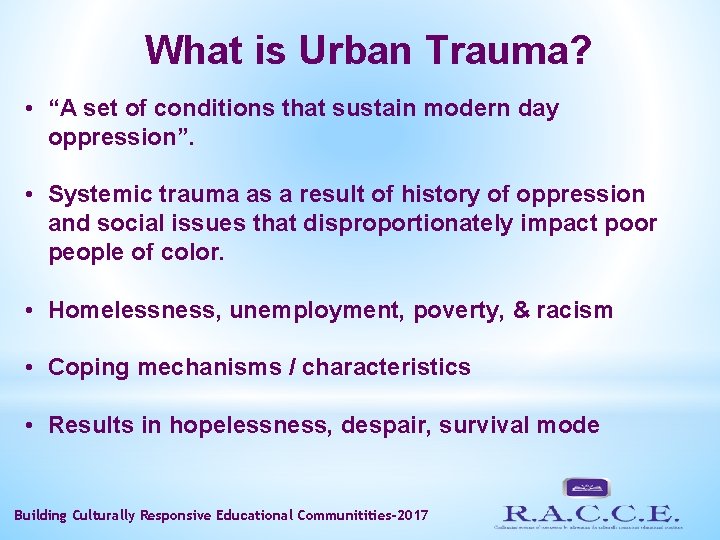 Urban Trauma Safe Spaces Cultural Competency Dr Arlene