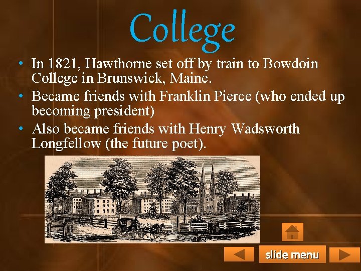 Nathaniel Hawthorne Miss Alexander Objectives slide menu Objectives