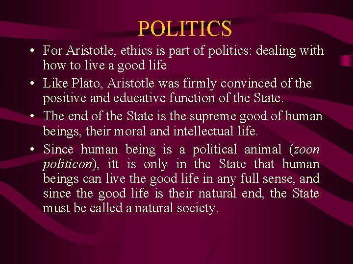 ARISTOTLES THEORY OF HUMAN PERSON ETHICS POLITICS BY