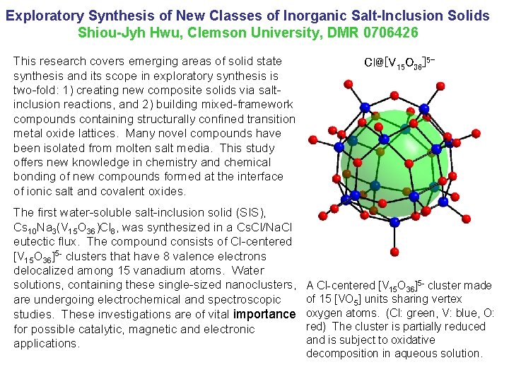 Exploratory Synthesis of New Classes of Inorganic SaltInclusion