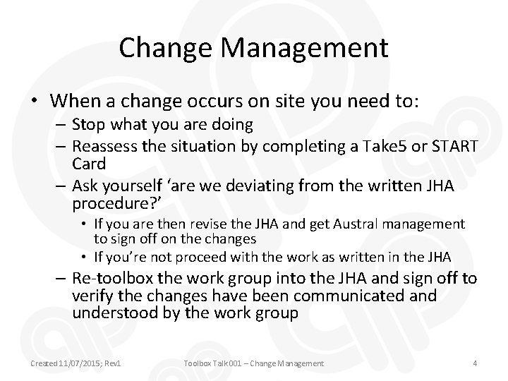 TOOLBOX TALK 001 CHANGE MANAGEMENT Created 11072015 Rev