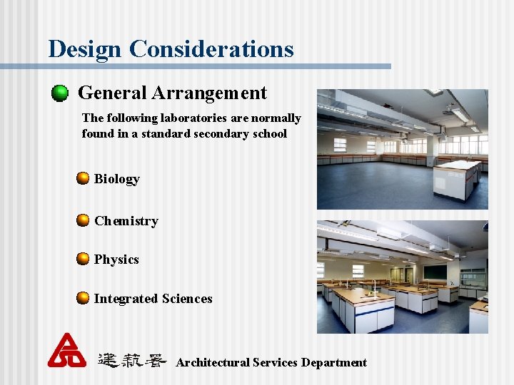 Architectural Services Department HKSAR Laboratory Design for Secondary