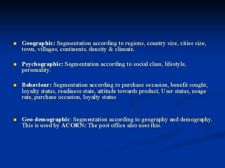 MARKET SEGMENTATION TARGETING AND POSITIONING MARKET SEGMENTATION MARKET