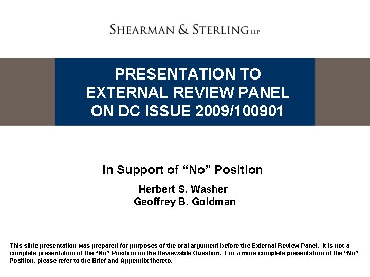 PRESENTATION TO EXTERNAL REVIEW PANEL ON DC ISSUE