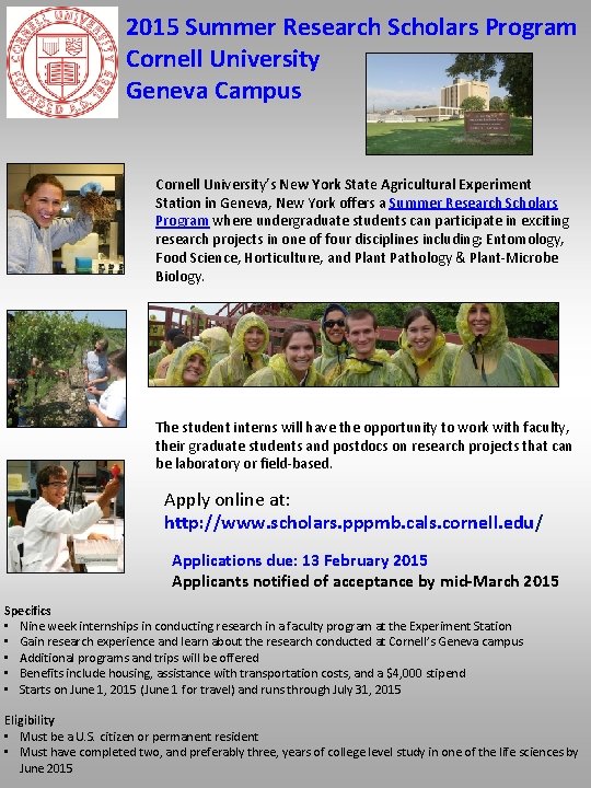 2015 Summer Research Scholars Program Cornell University Geneva