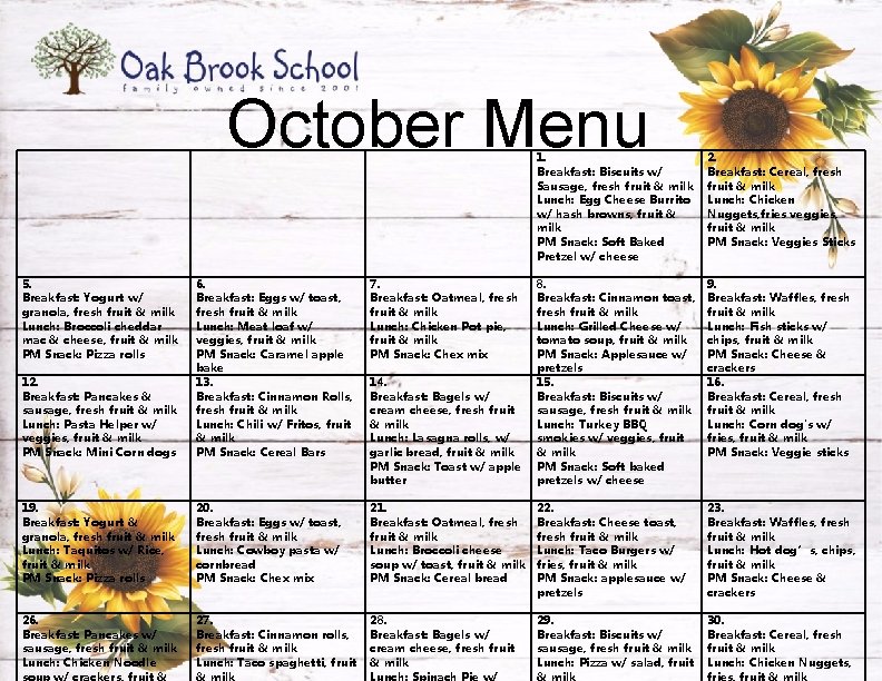 October Menu 5 Breakfast Yogurt w granola fresh