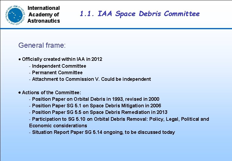 International Academy of Astronautics IAA Space Debris Committee