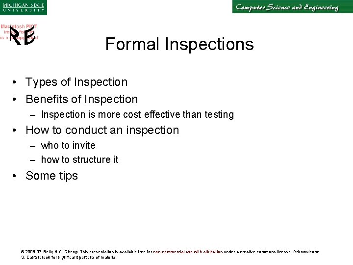 Formal Inspections Types of Inspection Benefits of Inspection
