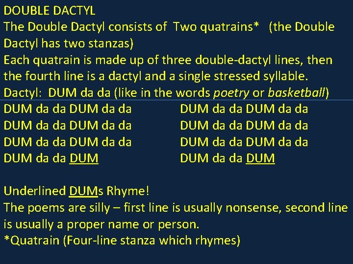 Choriamb Trochee Iamb Choriamb DUM da da DUM