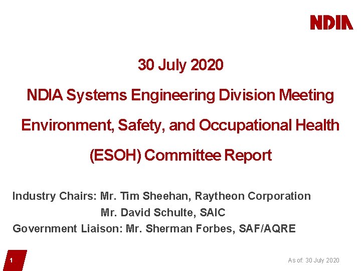 30 July 2020 NDIA Systems Engineering Division Meeting